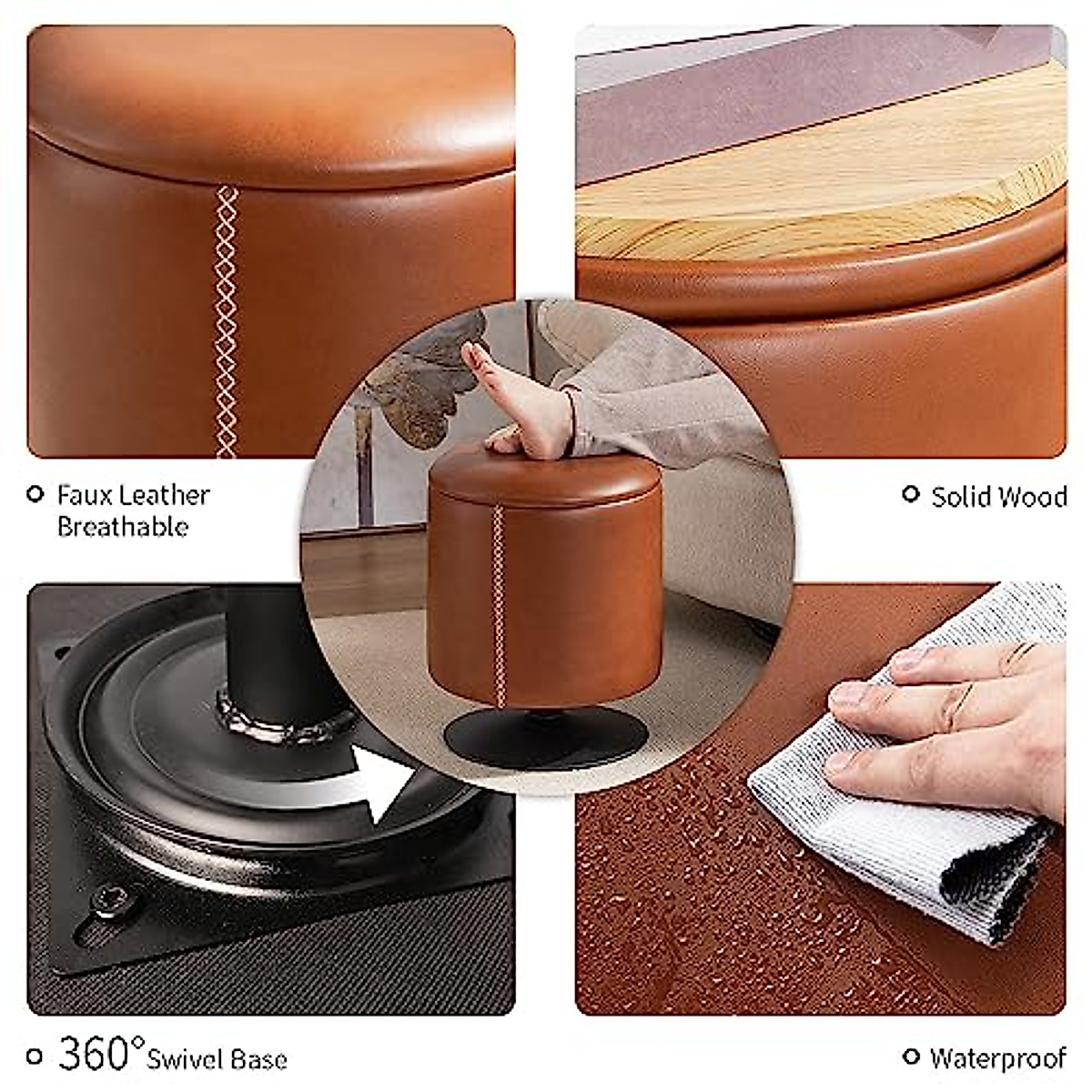 HeuGah Storage Ottoman with Storage for Living Room,Faux Leather Round Ottoman Coffee Table and Ottoman Foot Rest with Metal Rotatable Chassis (Brown)