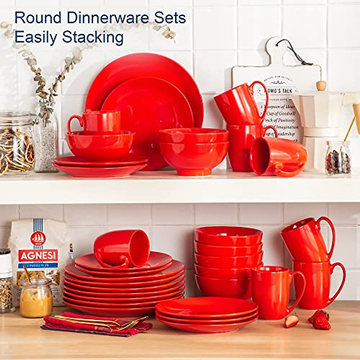 LOVECASA Red Dinnerware Sets for 4, 16 PCS Porcelain Dishes Set, Round Plates and Bowls Sets Including Dinner Plates, Dessert Plates, Bowls and Mugs, Microwave&Dishwasher Safe, Orangered