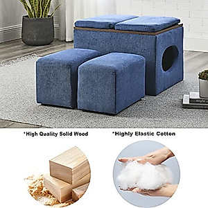 HomSof 25" W 5 Pieces Ottoman Bench Set,Modern Design Hollow Storage Ottoman, Upholstery Coffee Table, Two Small Footstools,Easy Storage and Wide Use,Waterproof,Oil-Proof,Scratch-Proof,Blue