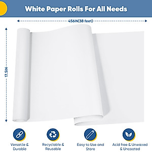 White Wrapping Paper 17.5"x456", Bulletin Board Craft Paper Roll, Poster Chart Easel Painting Drawing Paint Paper, Art Supplies for Kids Toddlers Boys Girls, Kraft Paper for Bouquet Flower Gift Wrap