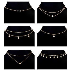 Ofeiyaa 12pcs Chain Gold Bead Necklace Coin Moon Star Pearl Pendant Chain Choker Multilayer Necklace Leather Cord Set for Women Men Gold Adjustable