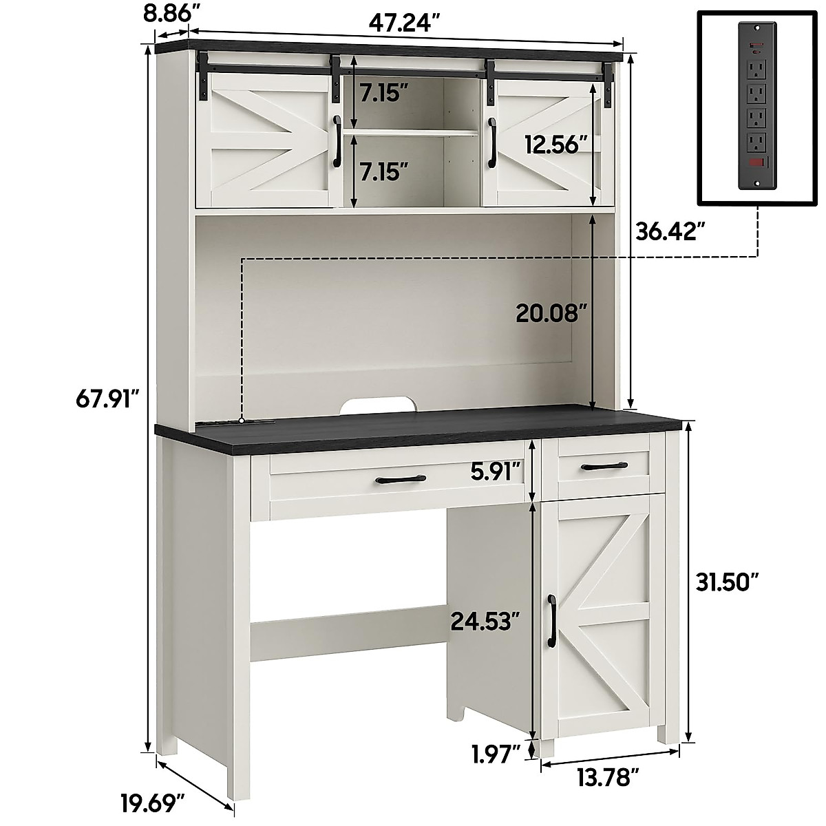 Farmhouse 47" Executive Desk, Computer Desk with 2 Drawers and Storage Cabinet, Home Office Desk with Hutch, Charging Hub, Workspace for Work and Study,Black