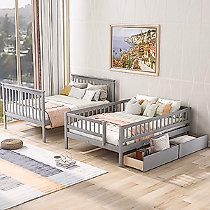 Merax Full Over Full Bunk Bed with Drawers, Storage Staircase, and Guard Rail, No Box Spring Needed, Gray