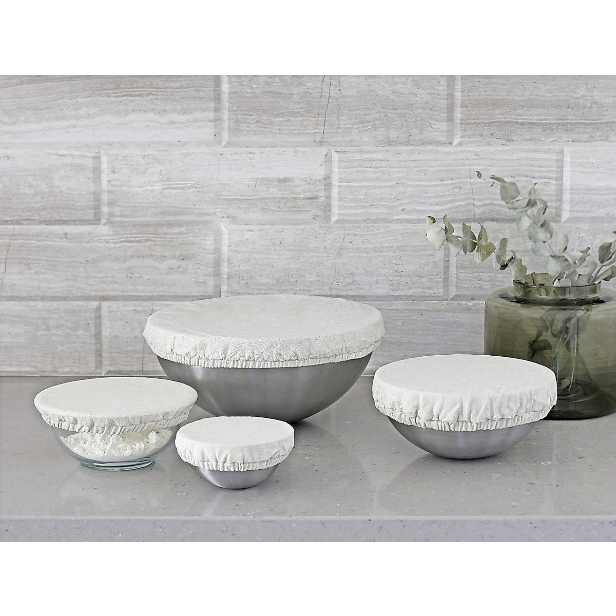 Reusable Fabric Bowl Covers for Bread Proofing - 4 Pieces, Washable and All-Natural 100% Cotton Cloth Bowl Covers for Bread Rising - Elastic Closure Fits Multiple Bowl Sizes (Off-White)