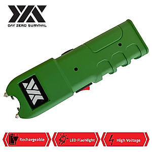 Day Zero Survival Green Self Defense Personal Security Stun Gun Heavy Duty 100 Billion Volt Rechargeable with LED Flashlight