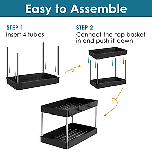 2 Pack Under Sink Organizer,2 Tier Under Sink Organizers and Storage,Under Cabinet Organizer with Hooks,Multi-Purpose Standing Rack Organizer for Bathroom Kitchen