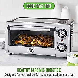 GreenLife Countertop Stainless Steel Toaster Oven Air Fryer, PFAS-Free, Ceramic Nonstick Tray Rack Airfry Basket, Dual Heating,4 Slice Capacity,Adjustable Temperature & Time Control,Black