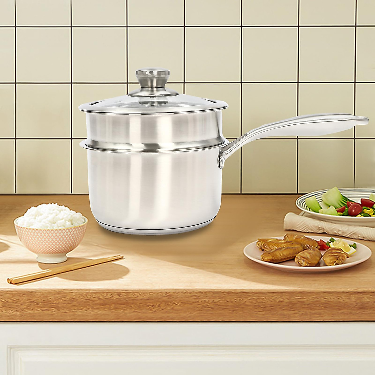 RABEEXP Stainless Steel Saucepan with Steamer 13L 1.37 QT Sauce Pan for Cooking with Lid and Handle, Double Layer Steaming Pot for Boiling Gravies, Pasta, Noodles, Compatible with All Stoves