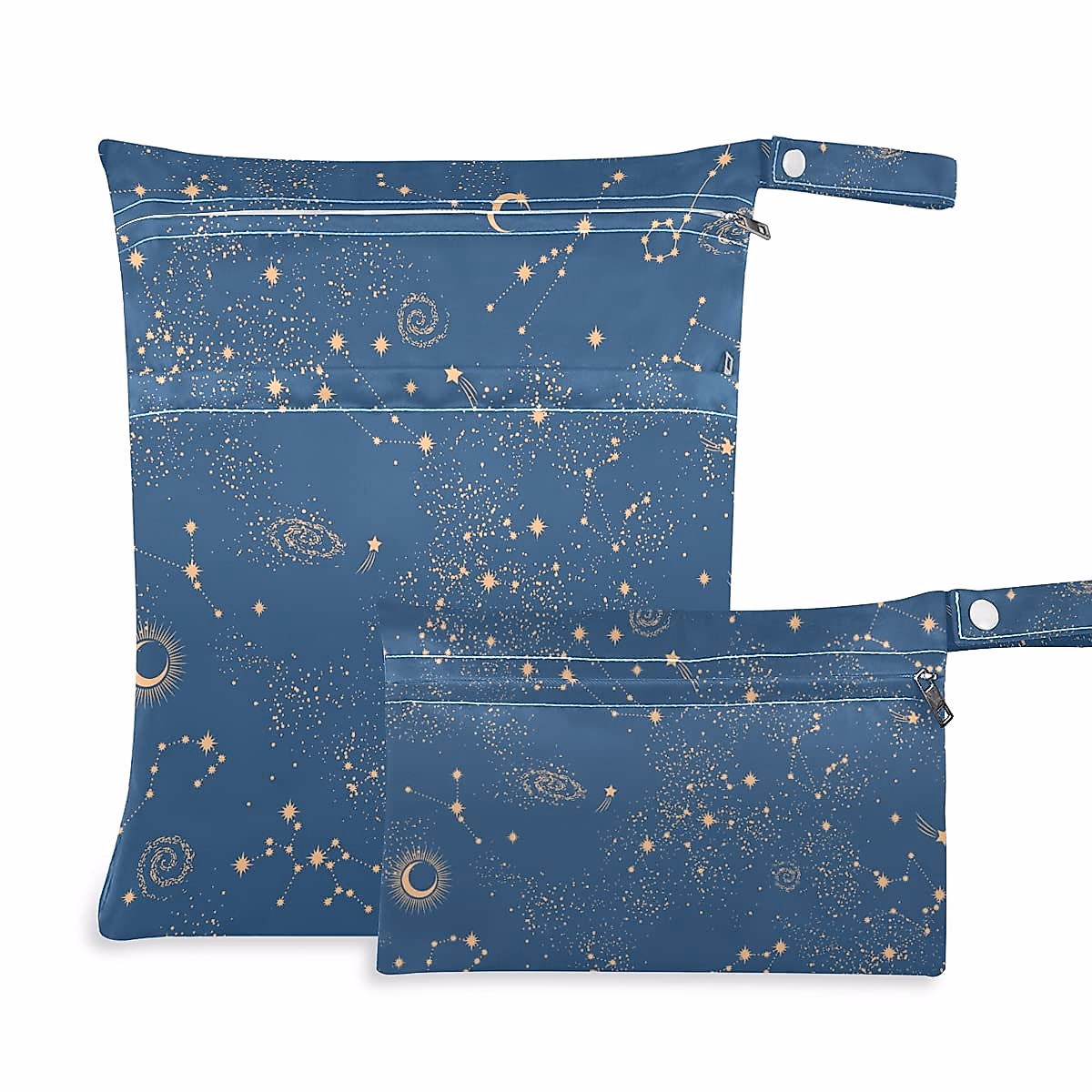 2 PCs Wet Dry Bag Moon Star Space Constellation Pattern Waterproof Wet Bag Cloth Reusable Diapers Wet Swimsuit Bag for Toiletries Travel Beach Pool Stroller Gym
