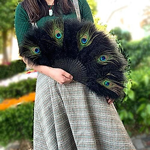 9 Colors Marabou Large Feather Fan 23"X12"for Dancing, Party, Wedding,Bridal Bouquet Deco (Black w/Black Staves)