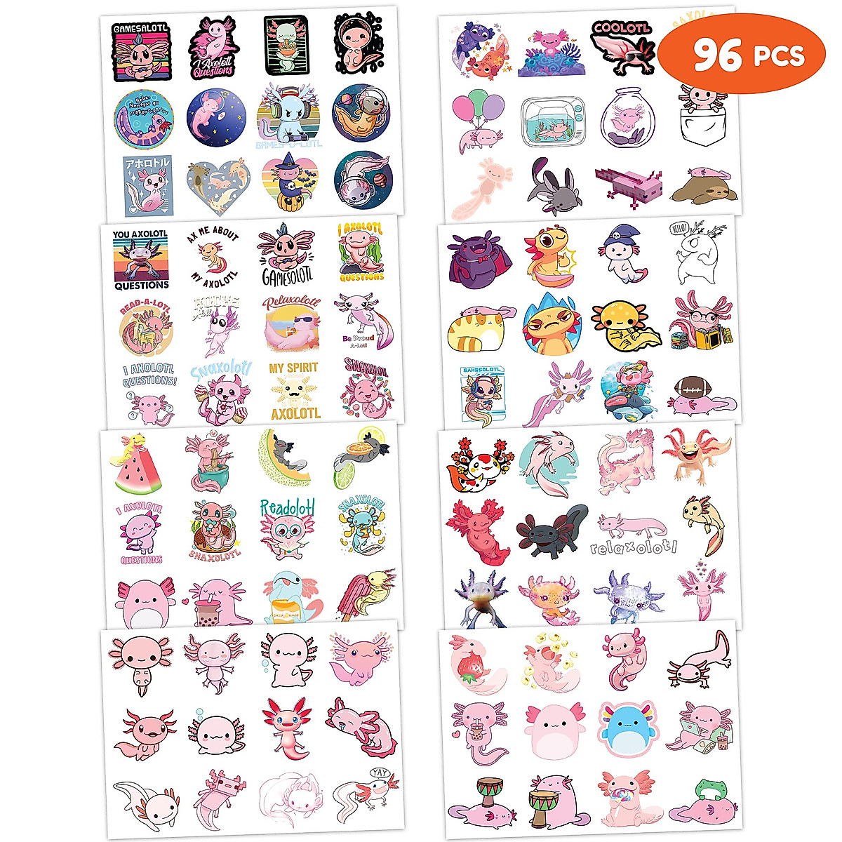 Axolotl Temporary Tattoos Stickers 96PCS Birthday Party Supplies Decorations Fake Tattoos Stickers Super Cute Party Favors for Kids Girls Boys Rewards Gifts Classroom School Prizes Themed