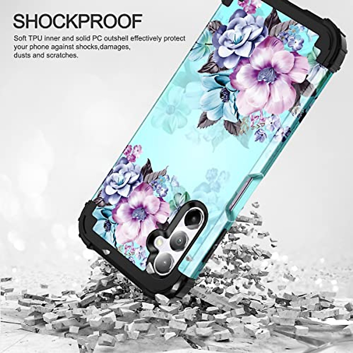 Casetego for Galaxy A14 5G Case,[2 Pack Tempered Screen Protector+2 Pack Camera Lens Protector],Floral Three Layer Heavy Duty Sturdy Shockproof Full Body Protective Case for Samsung A14,Blue Flower