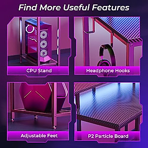SUPERJARE Desk L Shaped Gaming Desk with LED Lights & Power Outlets, Computer Desk with Monitor Stand, Home Office Desk Corner Desk with Headphone Hooks, Carbon Fiber Black
