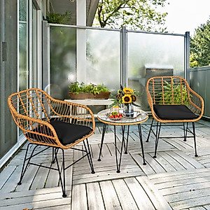 DORTALA 3 Pieces Patio Conversation Set, Rattan Leisure Chairs & Round Glass Tea Table Set, Indoor Outdoor Wicker Bistro Furniture Set with Cushions for Balcony, Poolside (Black)