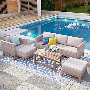 PHI VILLA Patio Conversation Set (Beige, 5 Pcs Set w/3-seat Sofa)