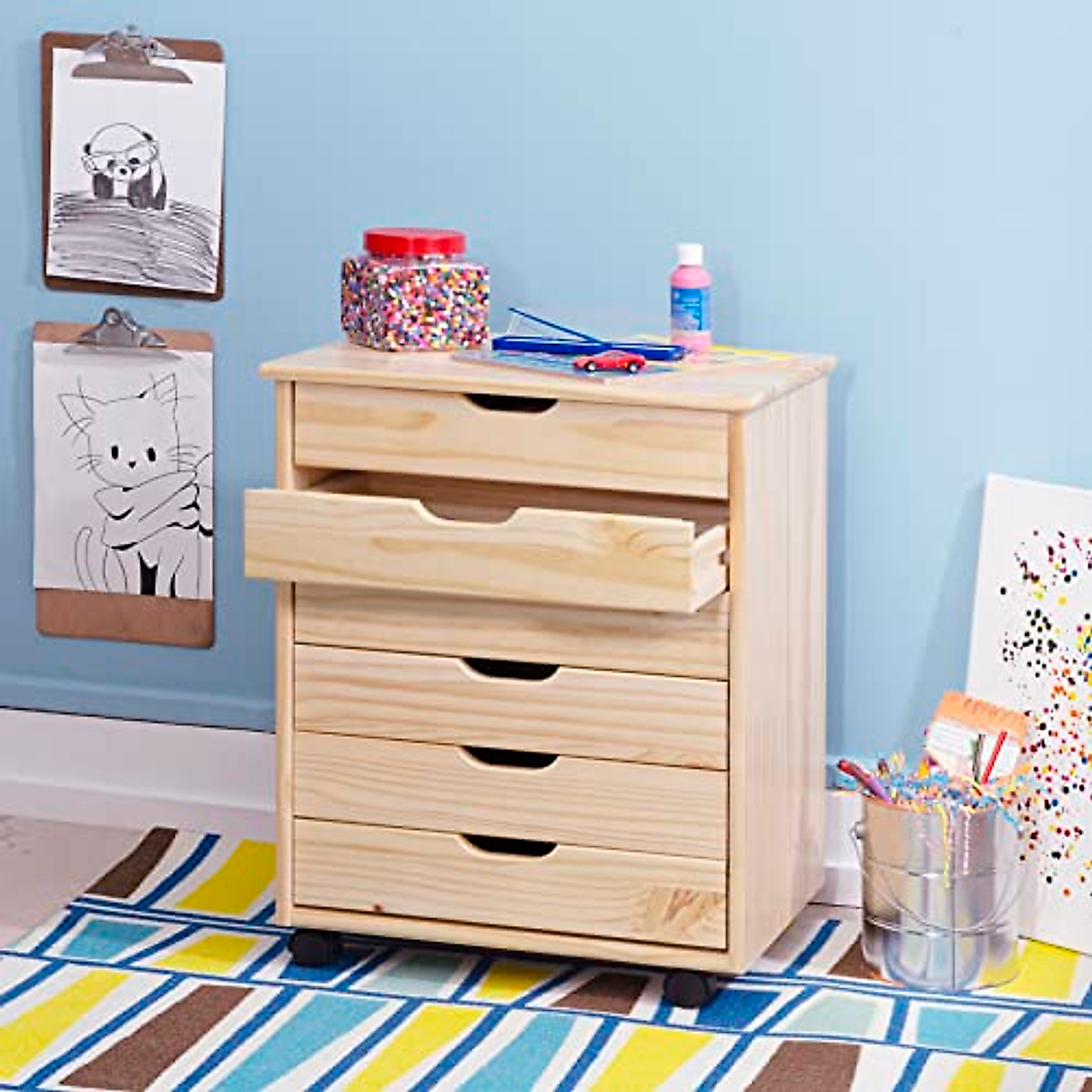 Linon Home Decor Products Corinne Six Drawer Wide, Natural Rolling Cart