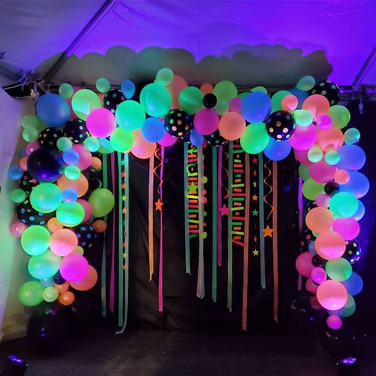 150Pcs NEON Balloon Garland Kit, Neon Glow in The Dark Balloon Arch with neon yellow, orange, pink, blue and neon polka dots Blacklight Balloons for Disco Party,Glows with Black Light Party Supplies