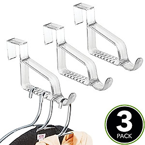 mDesign Modern Over Door Valet Hook - Multi Hanging Storage Garment Organizer Hanger Rack - Single Hooks for Coat, Hoodies, Hat, Scarves, Purse, Belt, and Bath Robe - 3 Pack - Clear