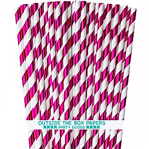 Foil Paper Straws - Hot Pink and White - Stripe Foil Paper Straws - Birthday, Valentine, Glam Party Supply - 100 Pack Outside the Box Papers Brand