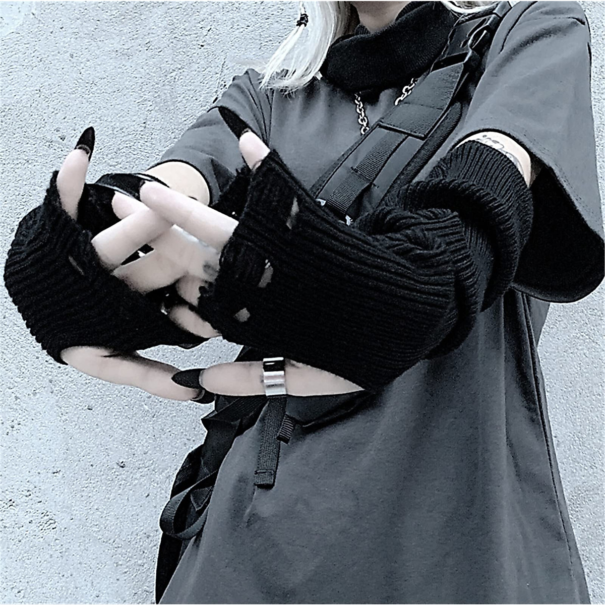 URAWESO Goth Gloves Emo Fingerless Arm Warmers Gothic Steam Punk Thumbhole Ripped Hip Hop Arm Sleeves Cosplay