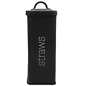 AuldHome Farmhouse Enamelware Straw Holder (Black); Retro Metal Straw Storage Canister