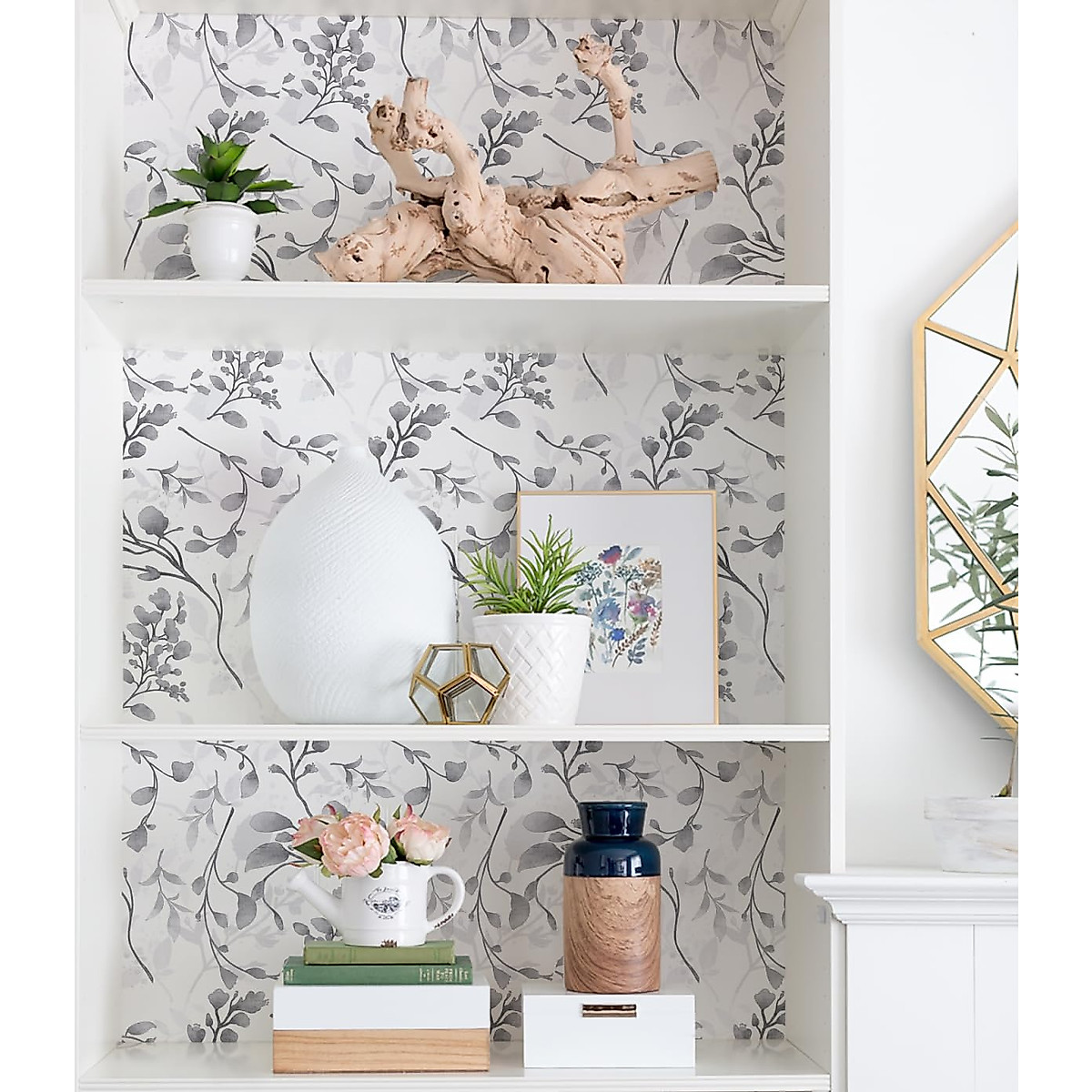 Froluya Gray Peel and Stick Wallpaper Gray Floral Wallpaper 17.7 inch×118.1inch Floral Contact Paper Flower Self Adhesive Removable Wallpaper for Bathroom Modern Breezy Leaves Decorative Wallpaper