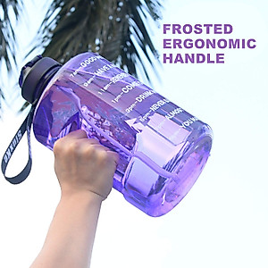 SLUXKE 1 Gallon Water Bottle with Straw Cleaning Brush, BPA Free 128oz Leak Proof Big Water Bottle Jug with Handle and Time Marker, One Click Open Wide Mouth Sports Huge Bottle Jug Light Purple