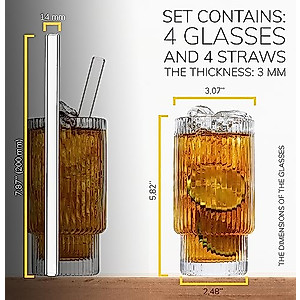 Huge Estate 16OZ Ribbed Glassware, Luxurious Glass Drinking Cups with Matching Straws – Vintage Drinking Glasses for Water Iced Coffee Smoothie Juice – 4pcs Ribbed Glasses