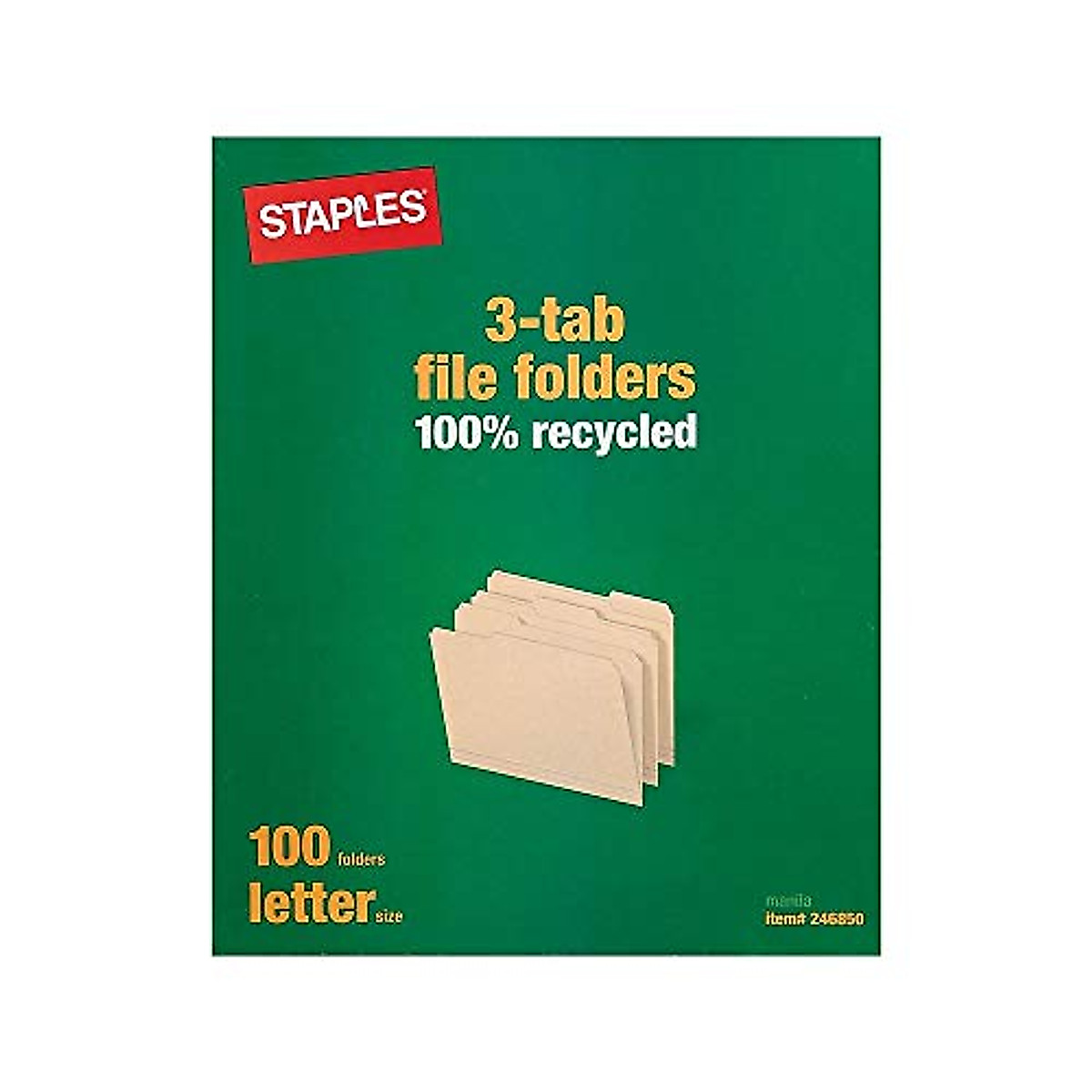 Staples 246850 100% Recycled Manila File Folders Letter 3-Tab 100/Box (246850)