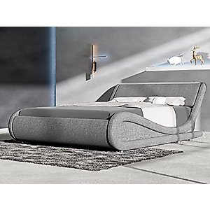IMUsee Queen Size Bed Frame, Linen Fabric Upholstered Platform Bed with Curved Adjustable Headboard, Mattress Foundation with Wood Slat Support, 10''-12'' Mattress Recommended, Grey