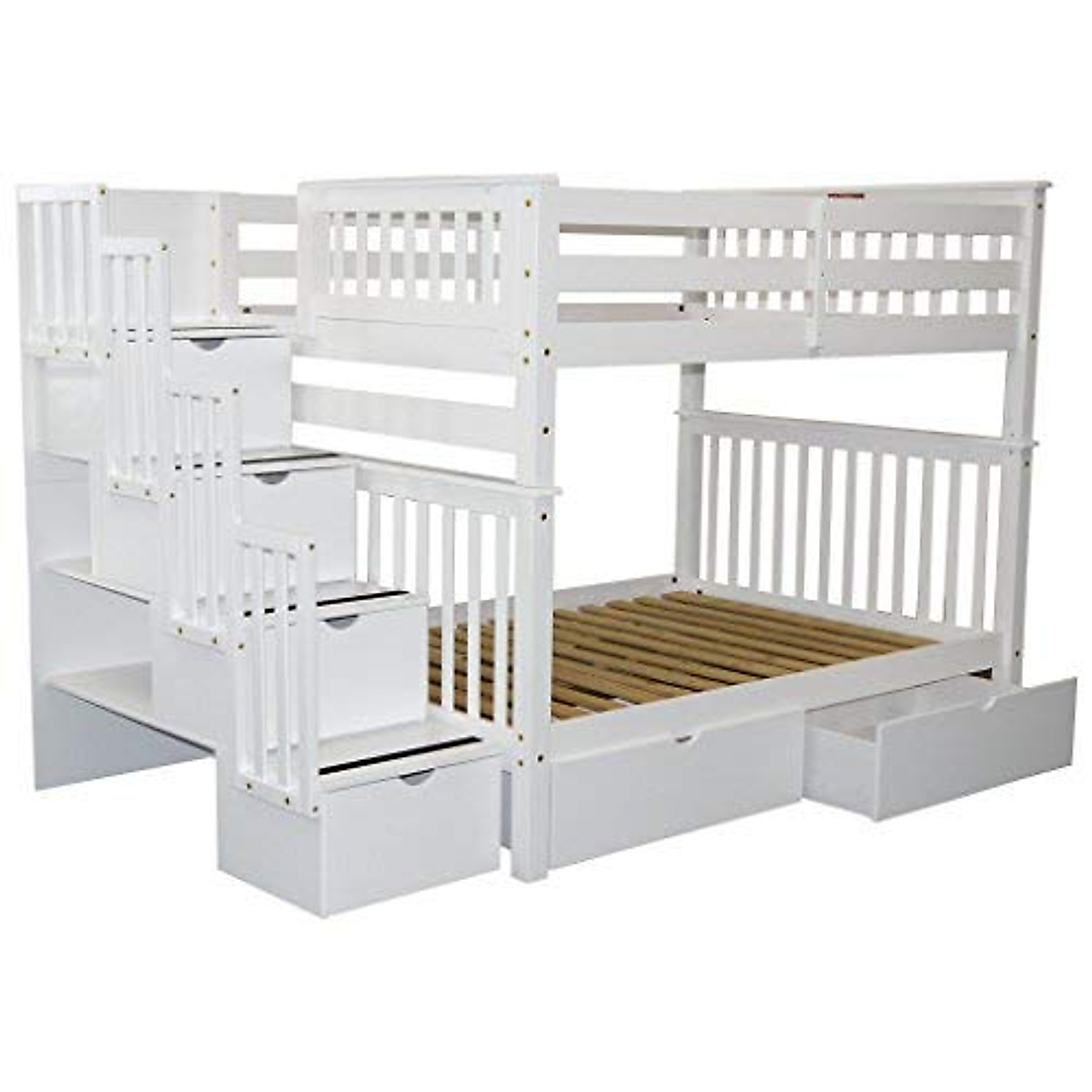 Bedz King Stairway Bunk Beds Full over Full with 4 Drawers in the Steps and 2 Under Bed Drawers, White