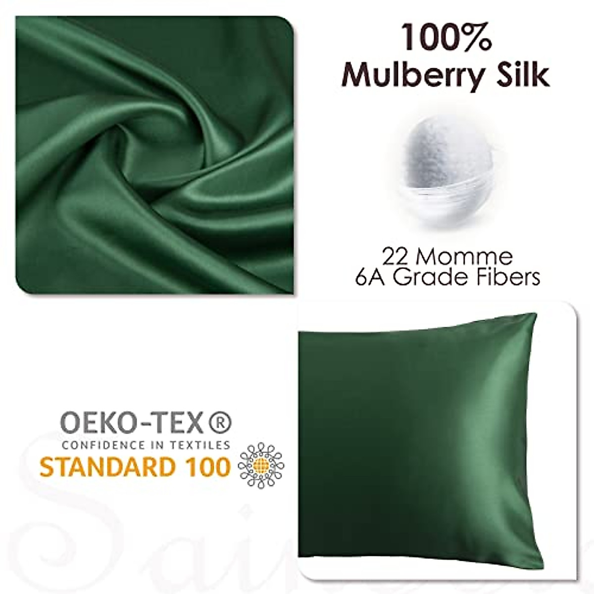 100% Pure Mulberry Silk Pillowcase for Hair and Skin with Hidden Zipper - 22 Momme Premium 6A Grade, 600 Thread Count, Silk Pillow Cases Standard Size 20"x26" (Dark Green, 1pc, with Gift Box)