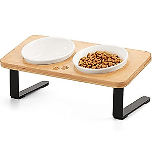 Ceramic Elevated Cat Bowls, 15° Tilted Raised Cat Food Bowls for Food and Water, Indoor Cat Dishes with Bamboo Stand Anti Vomiting for Cats and Puppy, Pet Bowl Set with Anti Slip Feet, Dishwasher Safe