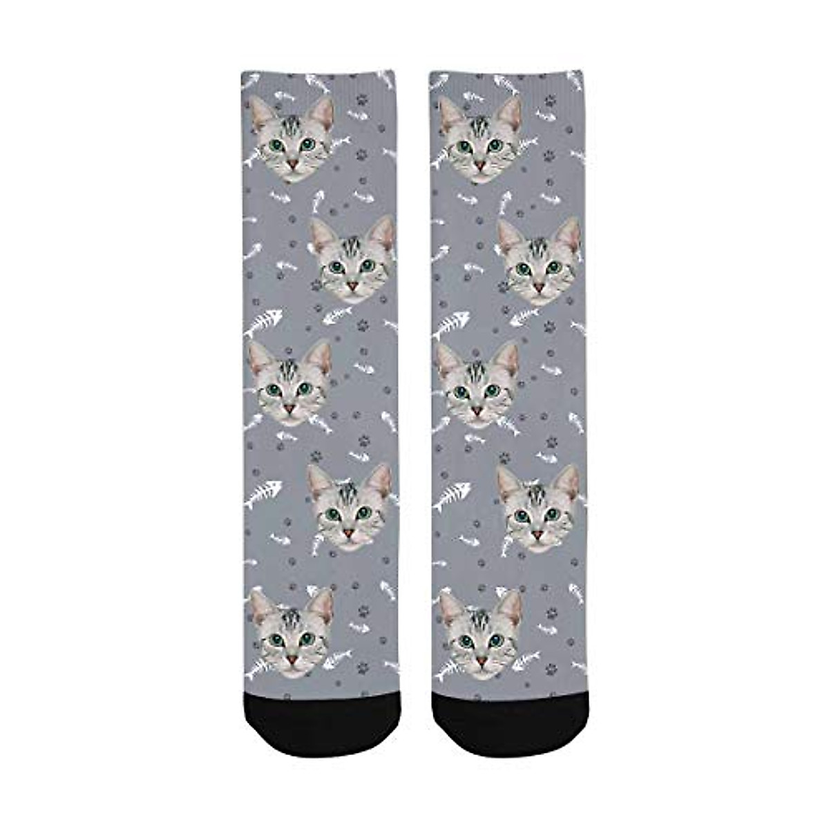 Custom Print Your Photo Funny Pet Face Socks, Personalized Fish Bones, Cat and Dog Tracks Paws Gray Crew Socks with Pictures for Men Women