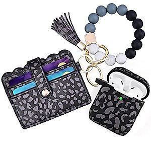 Case for Airpods 2/1, Filoto Cute Apple Airpod 1st/2nd Generation Case Cover for Women Girls, Silicone Case with Wristlet Bracelet Keychain Credit Card Holder Purse Accessories (Leopard Black)
