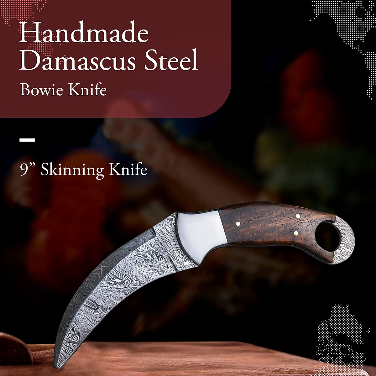 Morf Steelware Damascus Karambit Knife, Handmade Damascus Steel Bowie Knife, 9 inch Karambit Skinning Knife with Leather Sheath, Hunting, Camping & Outdoor Knife - Rose Wood Handle