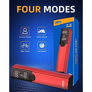 Bike Pump, The Pro Electric Bicycle Pump - Woowind BP188 Tire Inflator Portable Air Compressor with Schrader, Presta and Dunlop Valve Adapters - 150PSI (Red)