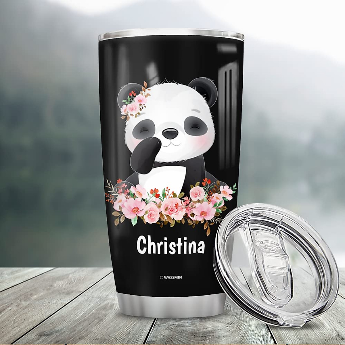 Wassmin Personalized Panda Tumbler Cup With Lid 20oz 30oz Custom Name Customized Double Wall Vacuum Insulated Tumblers Coffee Travel Mug Birthday Christmas Gifts For Animal Panda Lovers