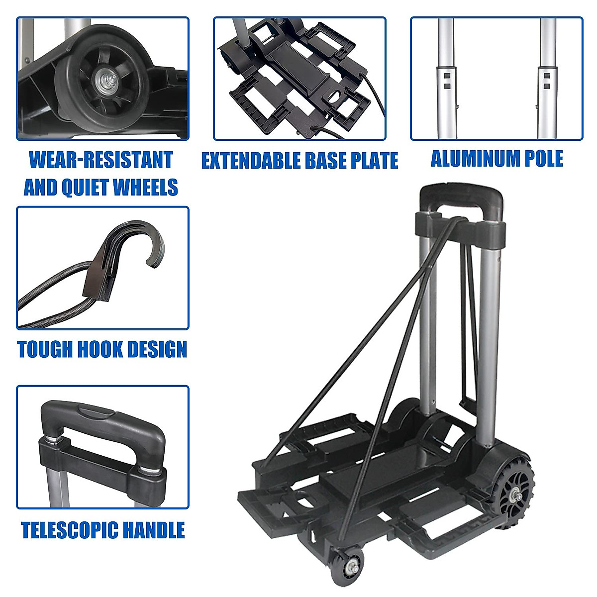 APOXCON Folding Hand Truck, Lightweight Aluminum Luggage Cart with 4 Wheels & Adjustable Handle, 160 lbs Capacity Foldable Dolly Cart for Moving Home Office Shopping Travel Use, Compact and Portable