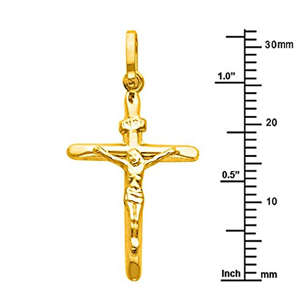 The World Jewelry Center 14k REAL Yellow Gold Crucifix Cross Pendant with 1.5mm Flat Open Wheat Chain Necklace - 24"