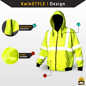 KwikSafety - Charlotte, NC - PATROL Safety Jacket [NO FUZZ Balls] Class 3 ANSI Tested OSHA Compliant Reflective Mens Fleece Hoodie/Yellow XL