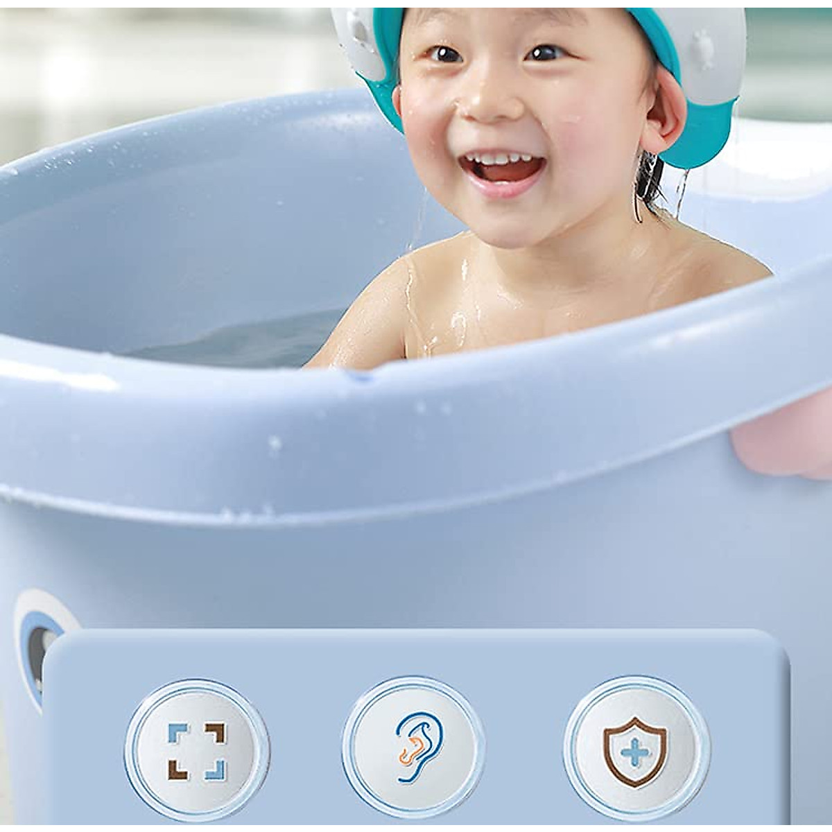 Baby Shower Cap for Washing Hair, Cartoon Dinosaur Kids Bath Hat Protect Baby’s Eye and Ear, Shampoo Visor Shield for Toddler Kids Child Infant, Blue