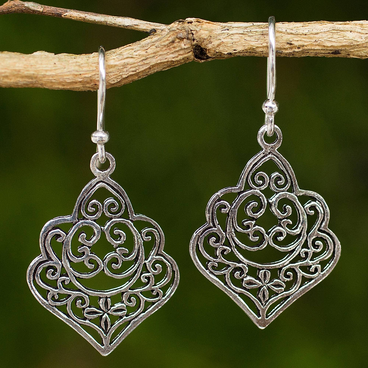 NOVICA Artisan Handmade Sterling Silver Dangle Earrings Thai Ornate No Stone Thailand [1.4 in L x 0.7 in W] ' Arabesque'