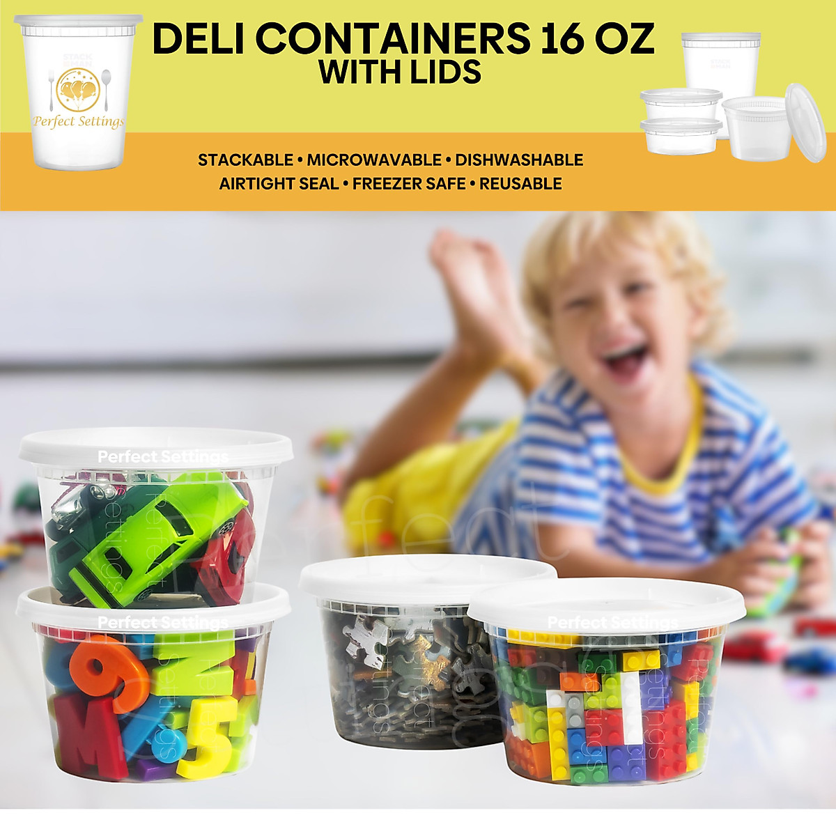 Perfect Settings 16 oz Deli Containers with Lids [40 Sets] Leakproof, Microwavable, Freezer, Dishwasher Safe, Pint Size Plastic Food Storage Container