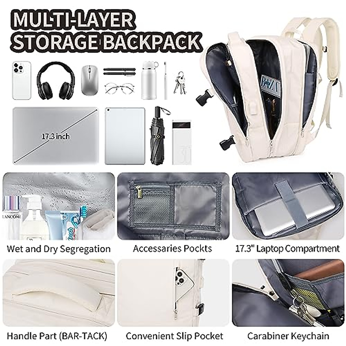 QOECI Waterproof Travel Backpack for Women Men, 44L Carry On Backpack with USB Charging Port, 17.3" Laptop Backpack, Personal Item Bag for Airlines Approved, Business Backpack Casual Daypack 1680D