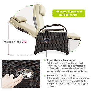 Outdoor Recliner Chair,PE Wicker Adjustable Reclining Lounge Chair and Removable Soft Cushion, with Modern Armchair and Ergonomic for Home, Sunbathing or Relaxation (Brown + Khaki)