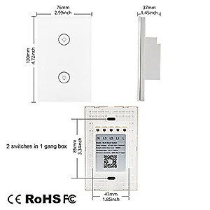WiFi Smart Wall Touch Light Switch Glass Panel Wireless Remote Control by Mobile APP Anywhere Compatible with Alexa,Timing Function No Hub Required (Wall Switch 2 Gang)