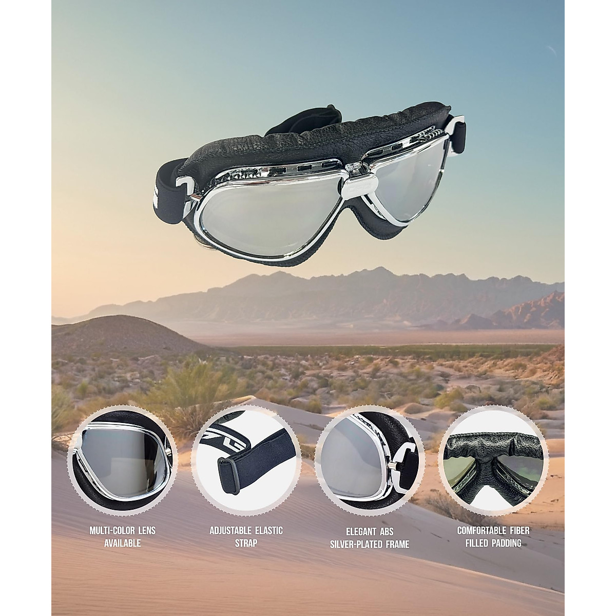 CRG Sports Motorcycle Goggle Aviator Pilot Style Cruiser Scooter Motocross Goggles for Men, Women, Adults