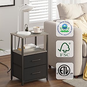 TUTOTAK End Table with Charging Station, Side Table with 2 USB Ports and Outlets, Nightstand with Cloth Drawer, Set of 2, Couch Table, Greige TB01BG052