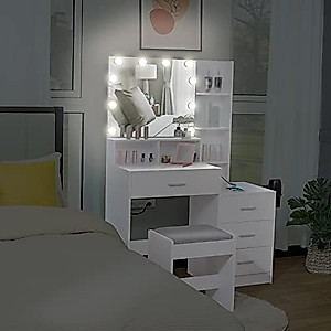 usikey Large Vanity Table Set with Lighted Mirror & Charging Station, Makeup Vanity Dressing Table with 4 Storage Shelves and 4 Drawers, Vanity Desk with 3-Drawer Chest and Cushioned Stool, White